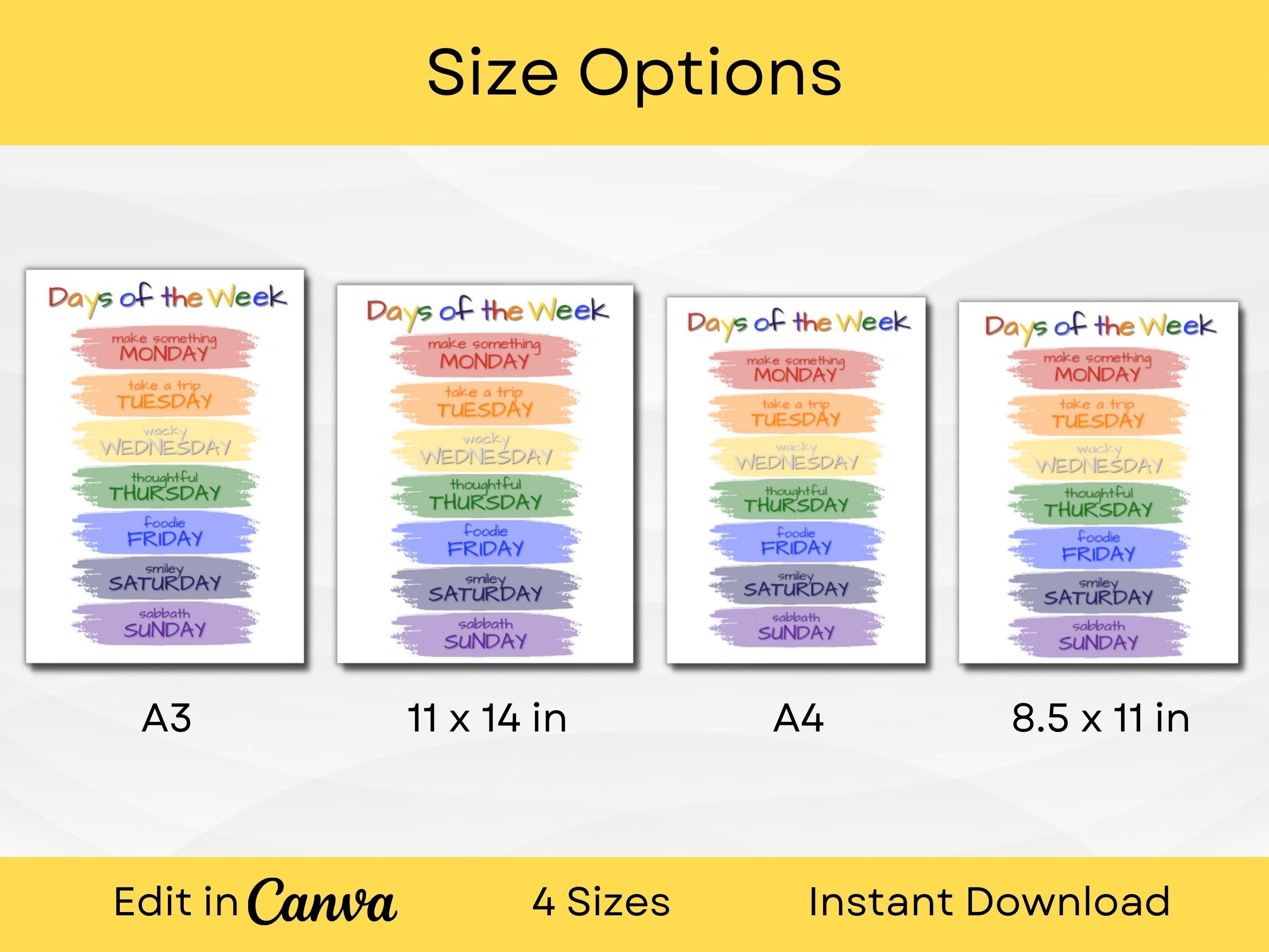 Days of the Week Printable Editable Theme Days Activity Ideas A3, A4, 8 ...