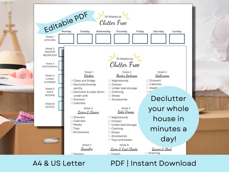 EDITABLE Declutter Checklist W/schedule Template Essentials Weekly ...