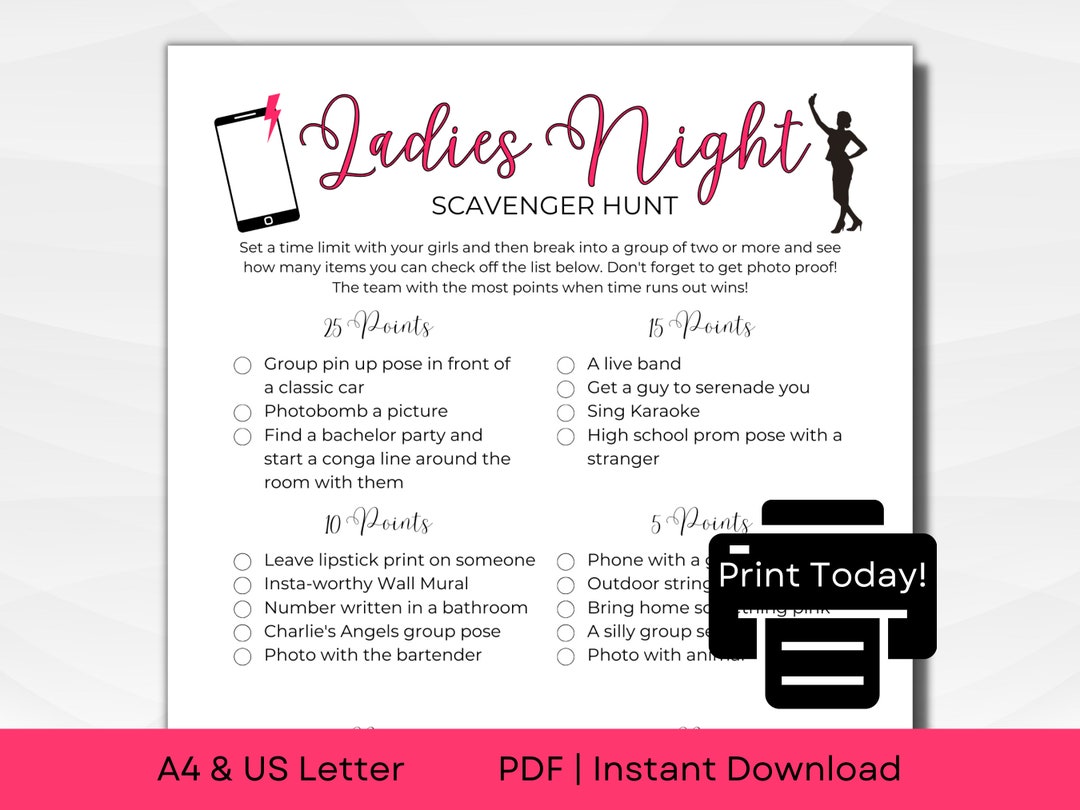 Printable Ladies Night Scavenger Hunt for Girls Night Out A4 & US ...