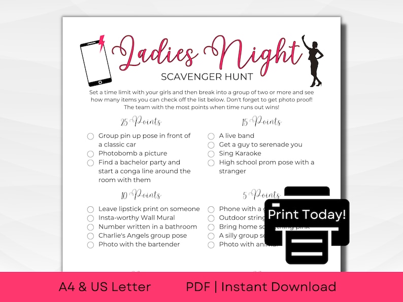 Printable Ladies Night Scavenger Hunt for Girls Night Out A4 & US ...