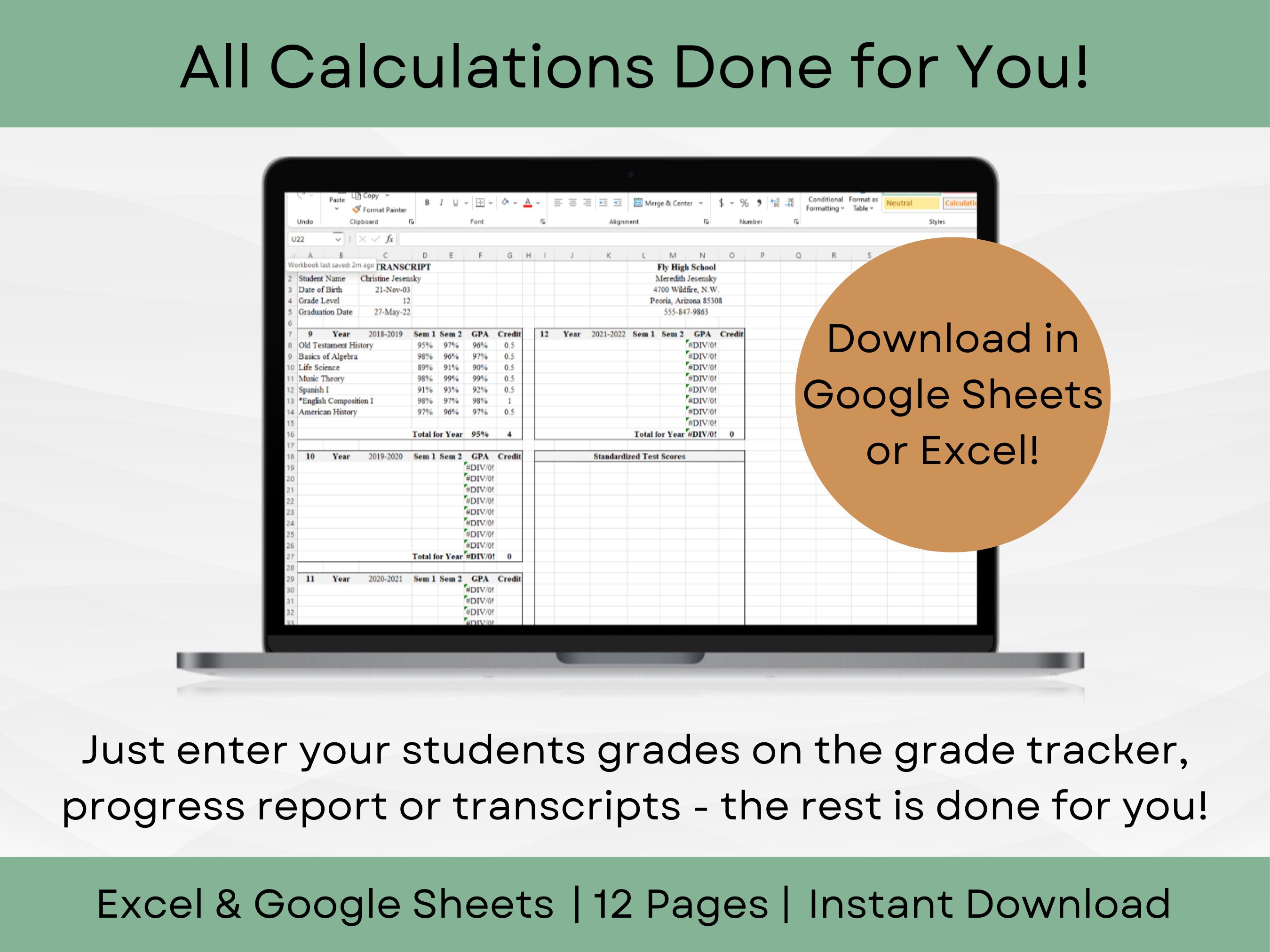 Homeschool Gradebook, Progress Reports and Transcript Template Bundle ...