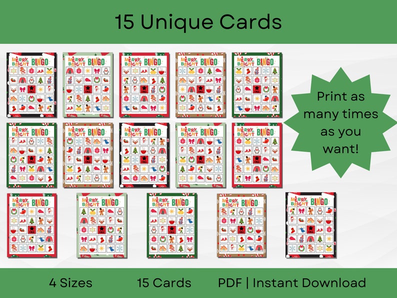 Christmas BINGO Cards Printable Fun Christmas Games 15 Cards A4, A5, 8 ...