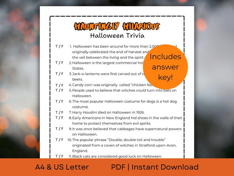 Printable Halloween Trivia Game for Teens, Family Game Night, Bars and ...