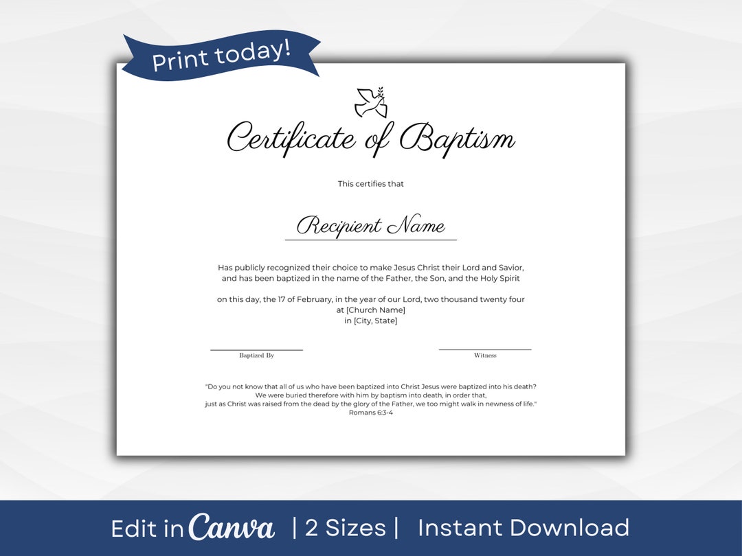 Certificate of Baptism With Dove | Fully Editable Text | A4 & US Letter ...