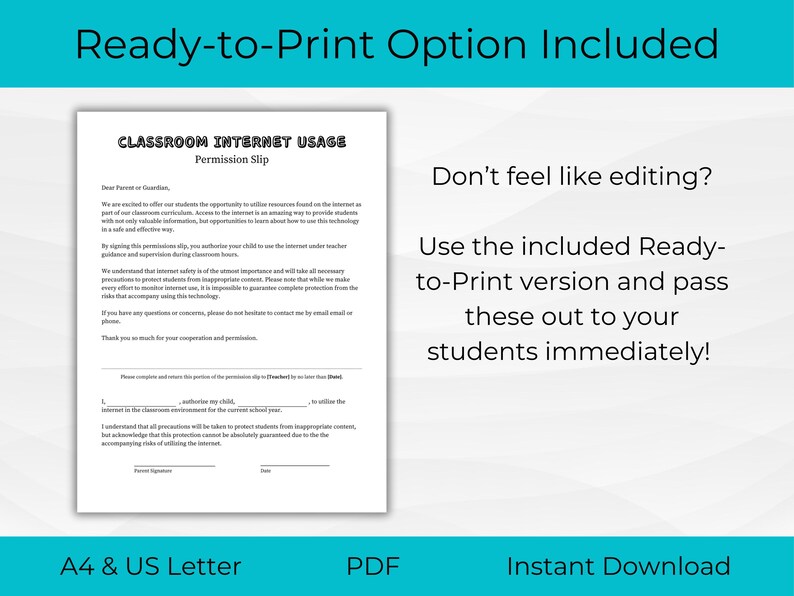 Editable Internet Permission Slip Template for Back to School | A4 & US ...