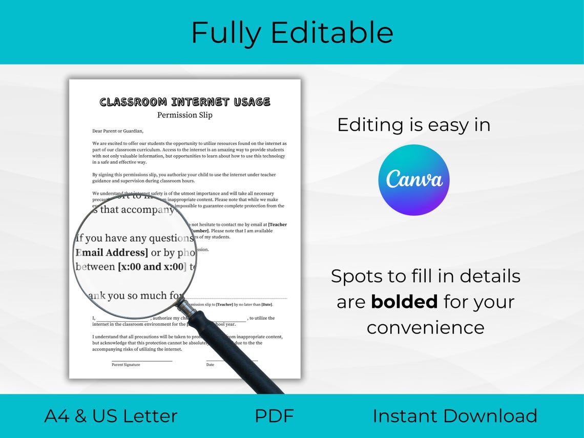 Editable Internet Permission Slip Template for Back to School | A4 & US ...