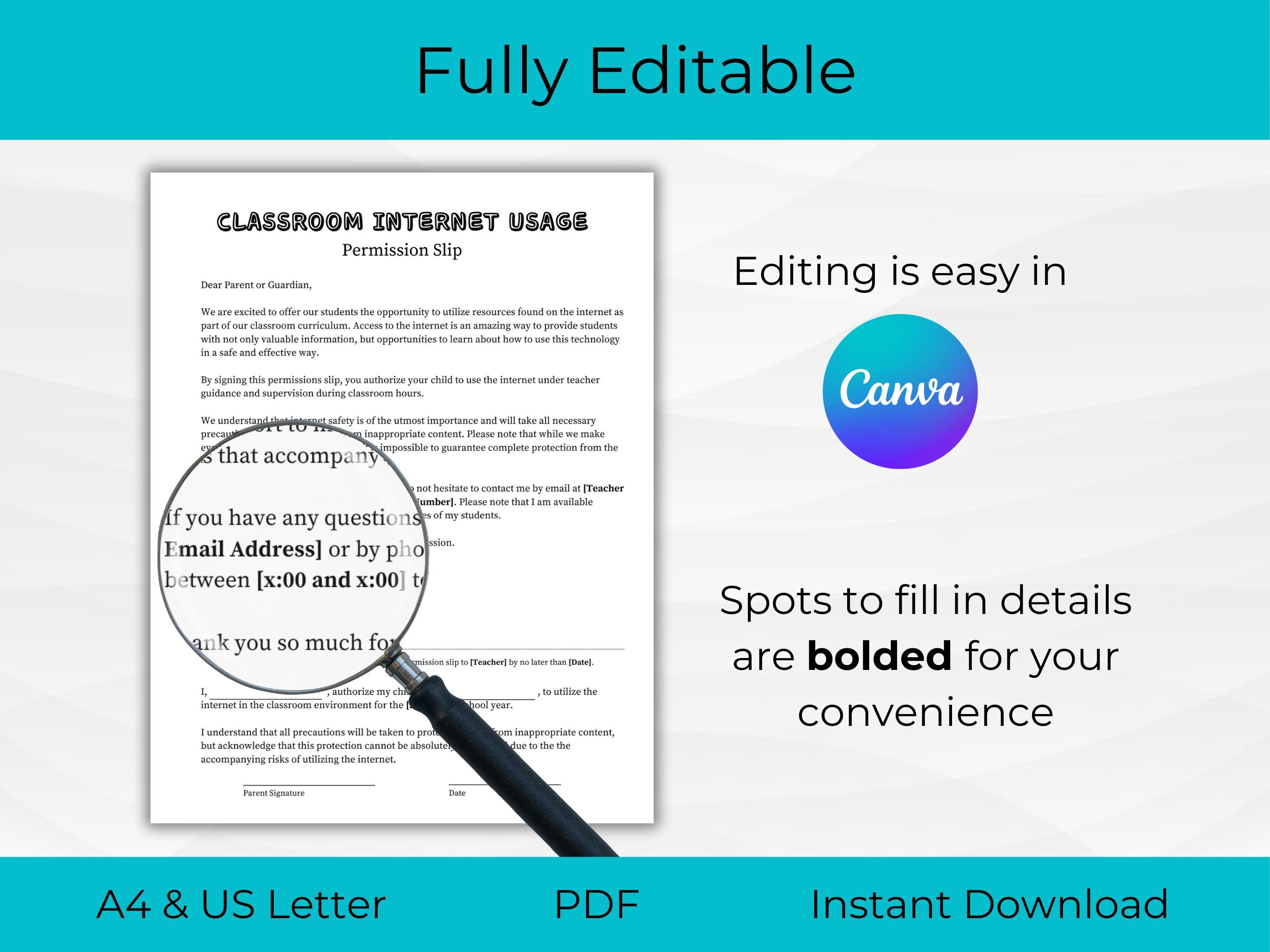 Editable Internet Permission Slip Template for Back to School | A4 & US ...