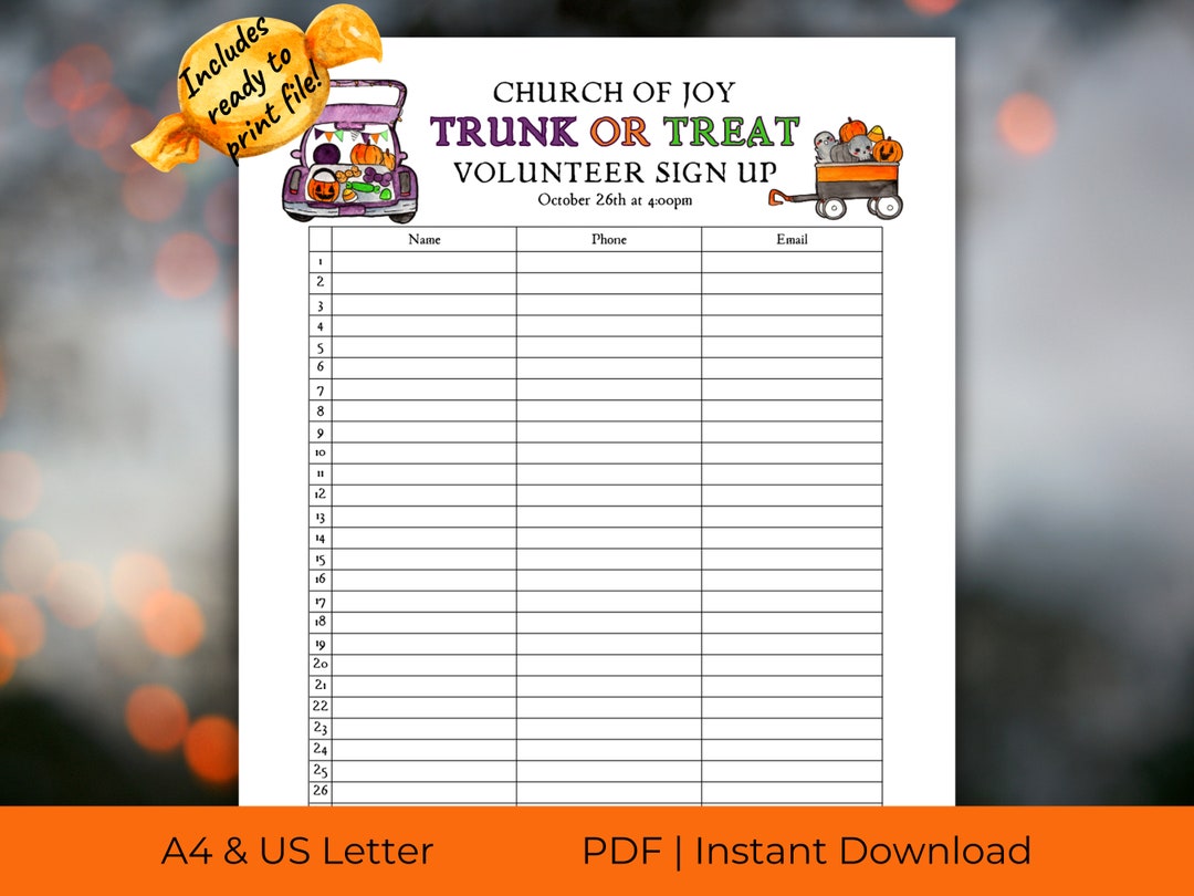 Trunk or Treat Sign up Sheet for School or Church Event | Editable or ...