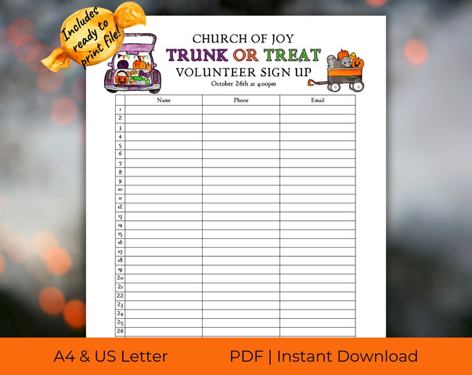 Trunk or Treat Sign up Sheet - Kids Halloween Party - Trick or Treat ...