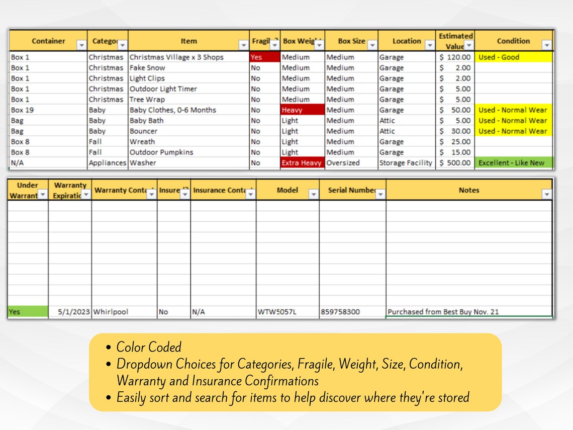 Inventory Spreadsheet With Warranty and Insurance Details | Etsy