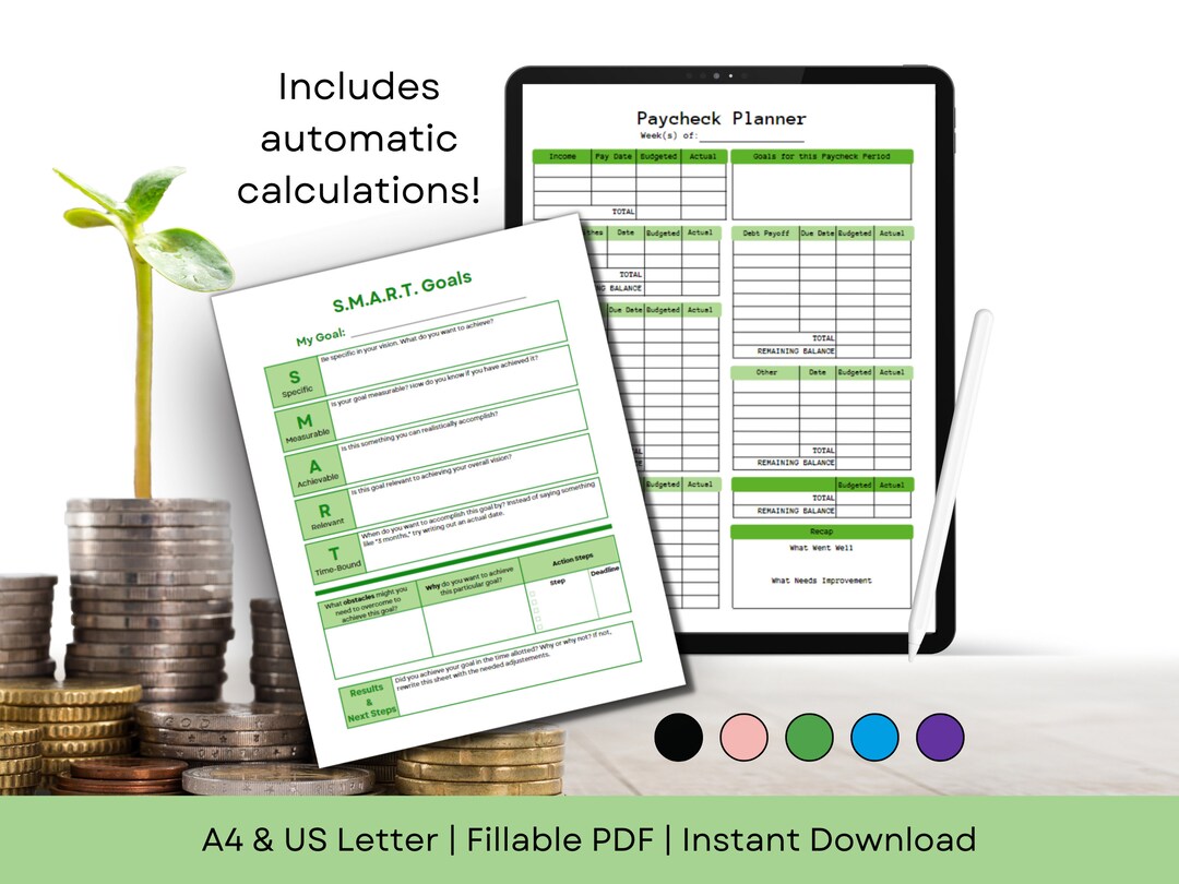Printable Paycheck Budget With SMART Goal Worksheet Bundle | Editable ...