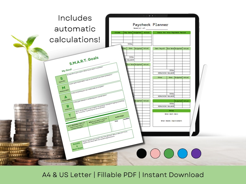 Printable Paycheck Budget With SMART Goal Worksheet Bundle | Editable ...