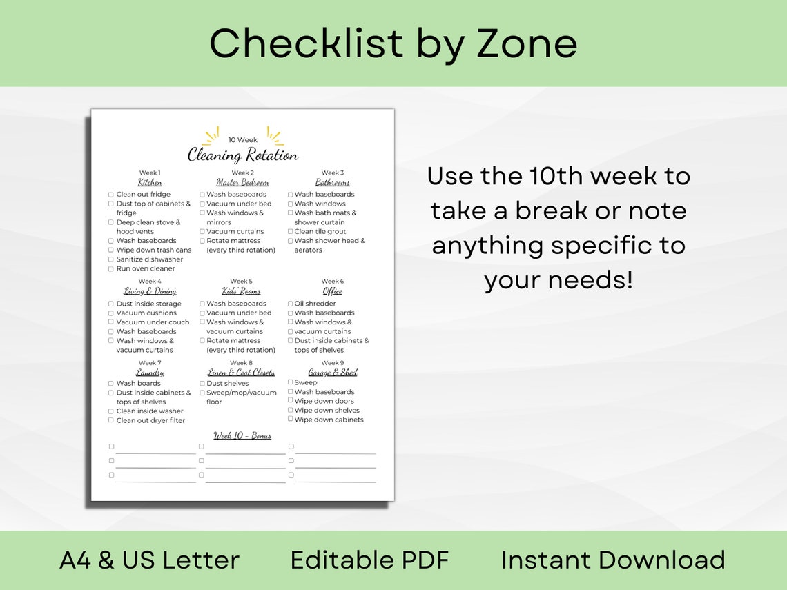EDITABLE Cleaning Schedule With Checklist by Zone Essential Deep ...