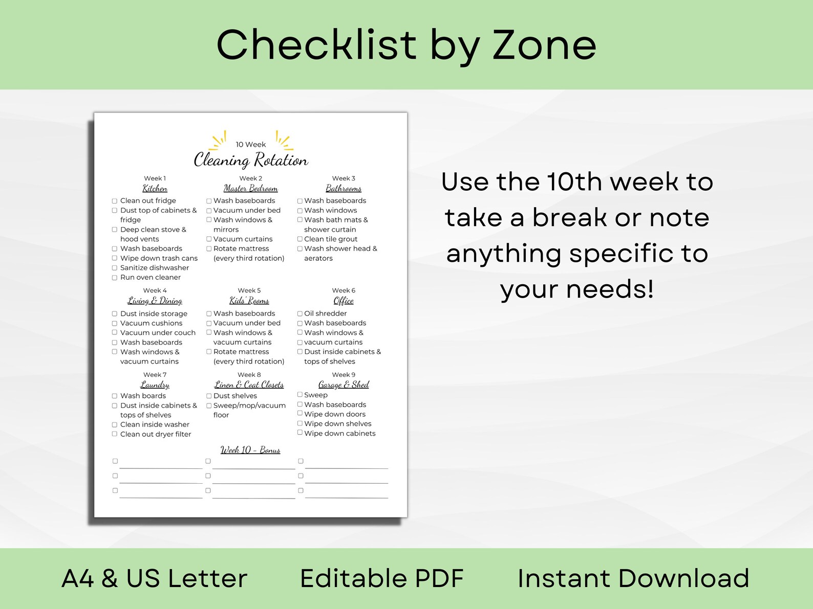 EDITABLE Cleaning Schedule With Checklist by Zone Essential Deep ...