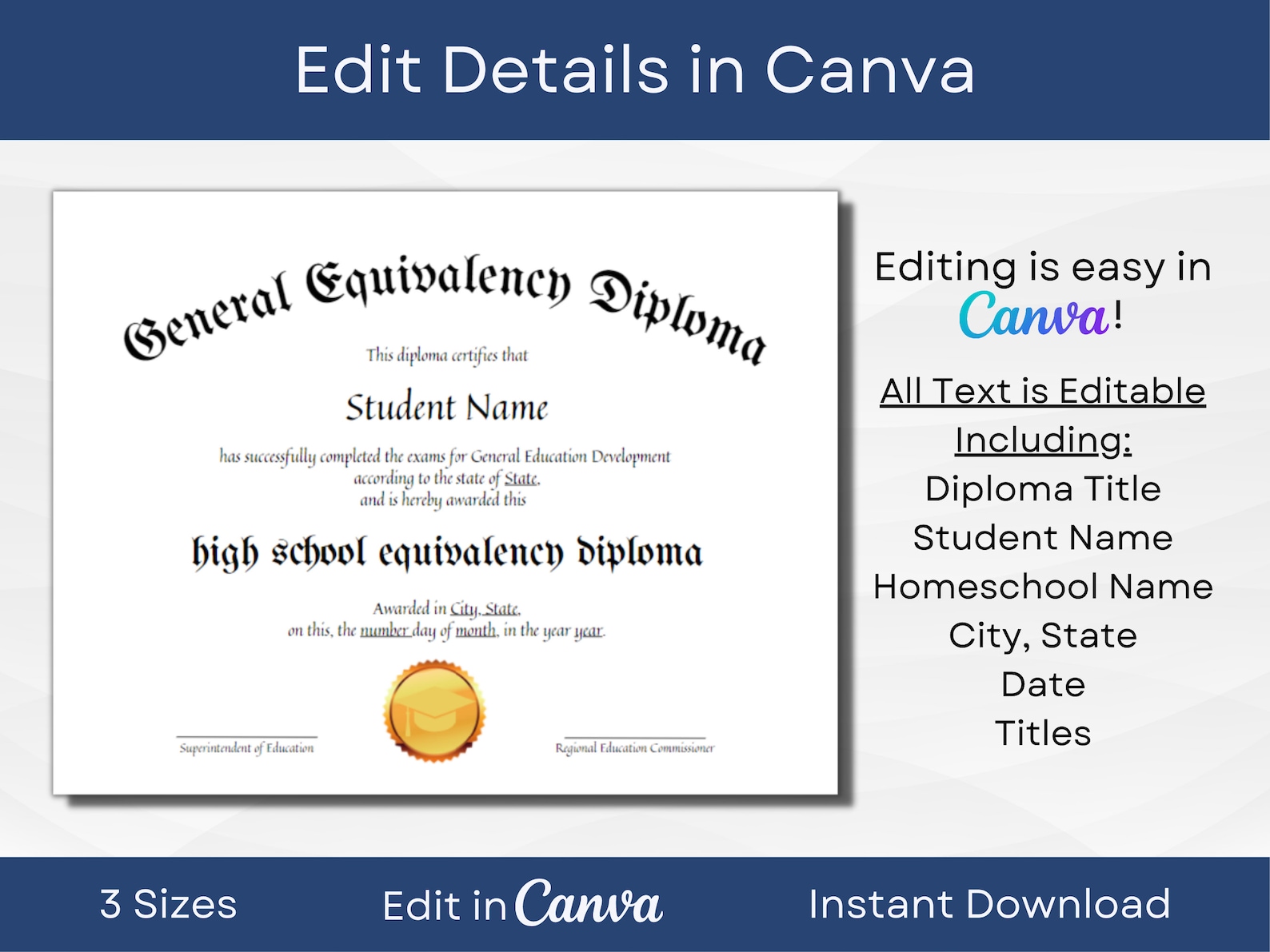 EDITABLE GED Certificate Template | Printable High School Diploma ...