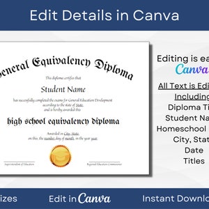 EDITABLE GED Certificate Template | Printable High School Diploma ...