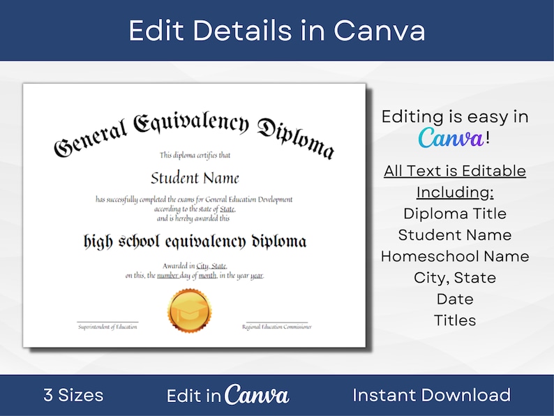 EDITABLE GED Certificate Template | Printable High School Diploma ...