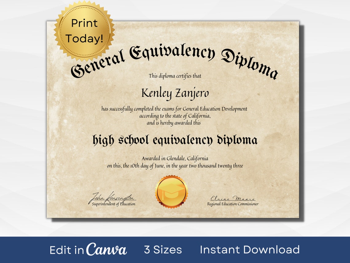 EDITABLE GED Certificate Template | Printable High School Diploma ...