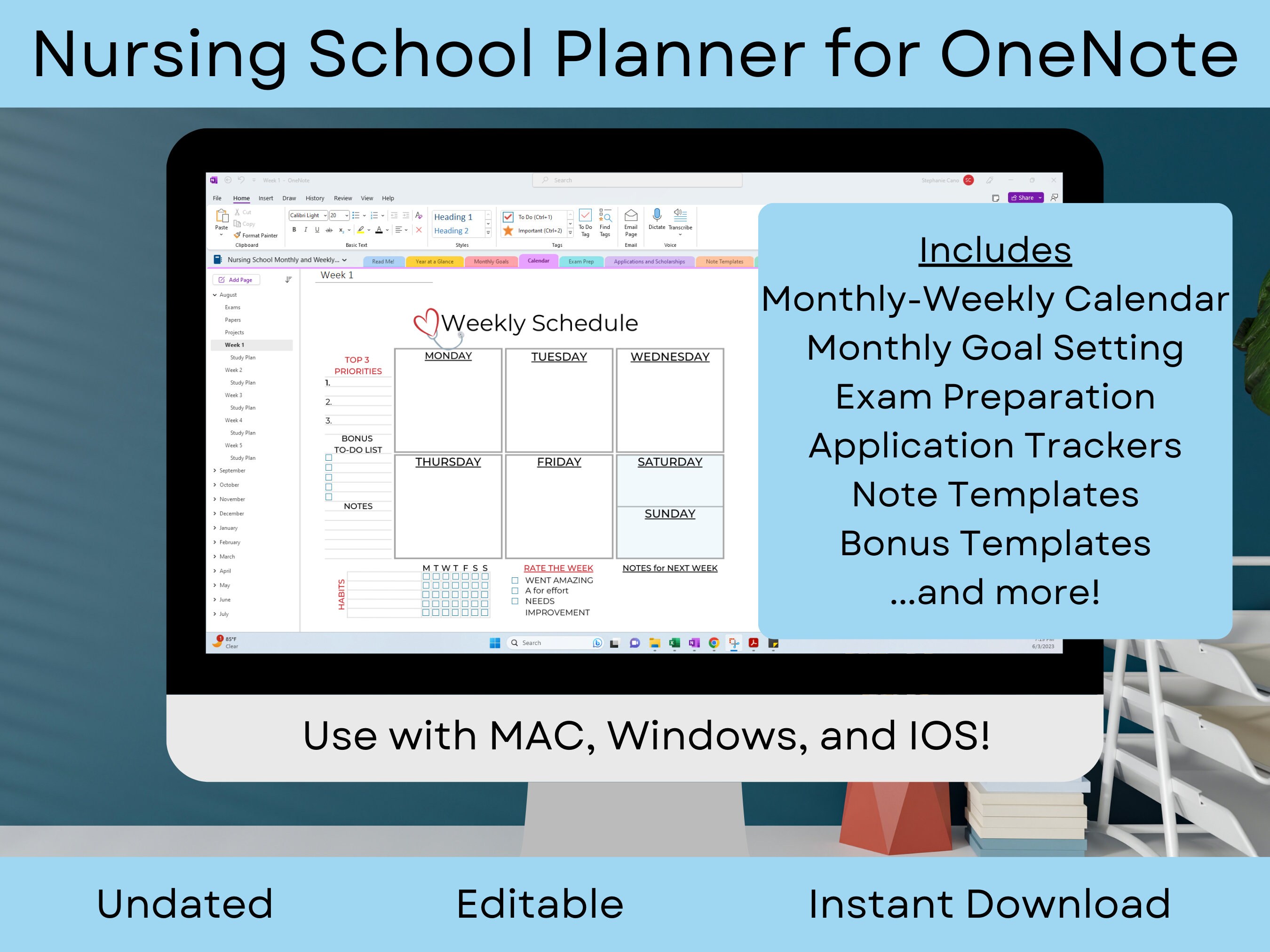 Nursing School Digital Academic Planner for Onenote Undated, Monday ...
