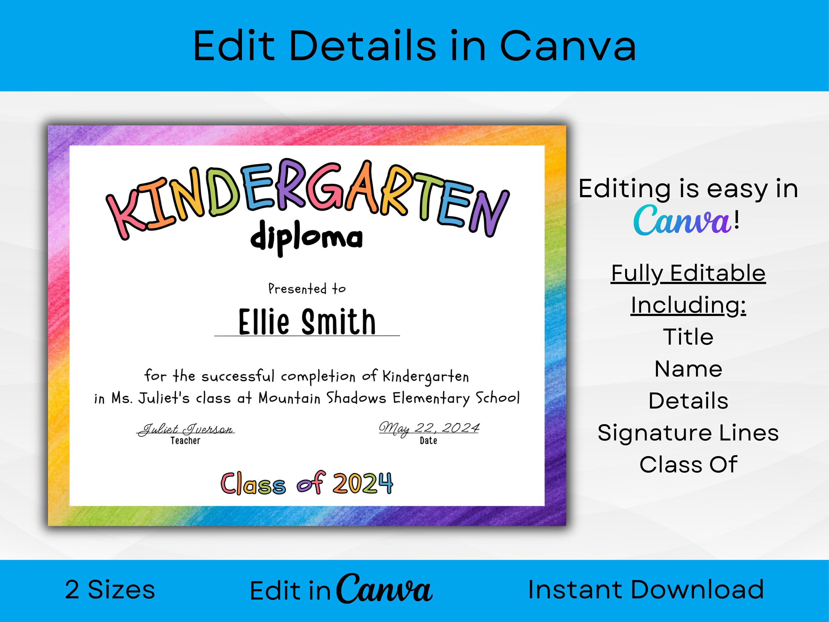 Editable Kindergarten Diploma Template Ready to Print Kindergarten ...