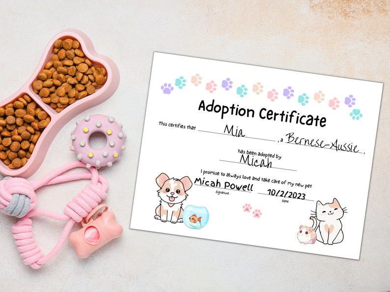 EDITABLE Pet Adoption Certificate for Adoption Pawty, Shelter, Rescue ...