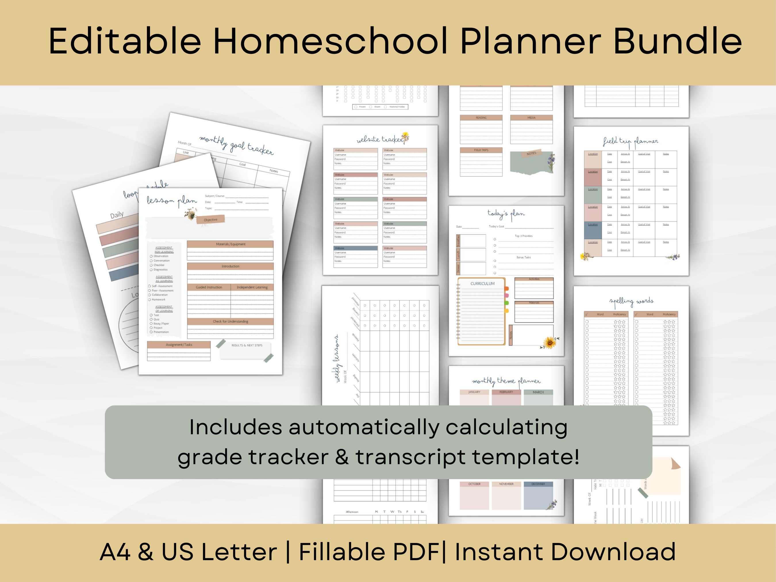 Editable Homeschool Planner With Transcript Templates | Neutral Nature ...