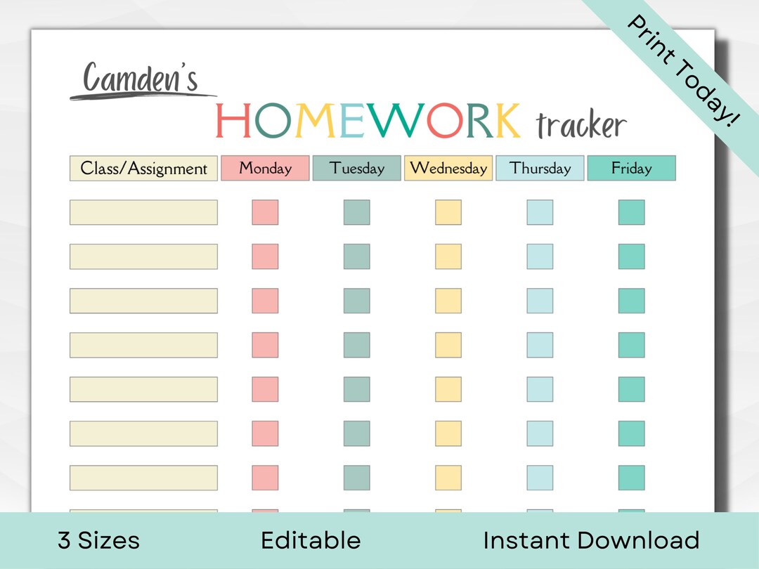 EDITABLE Homework Tracker for Kids Kids Daily Checklist - Etsy