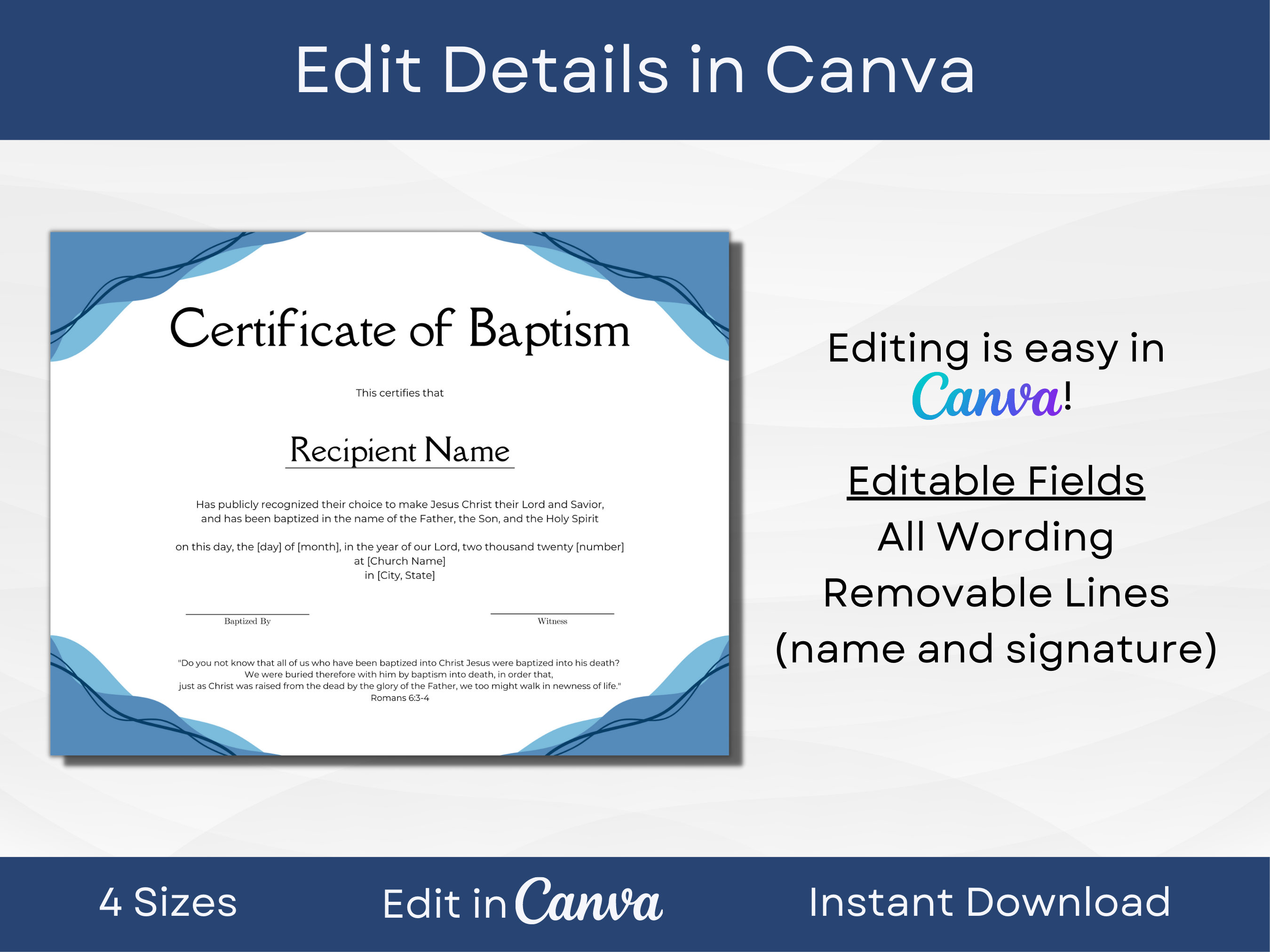 Baptism Certificate Template | Fully Editable Text | Four Sizes: A3, A4 ...