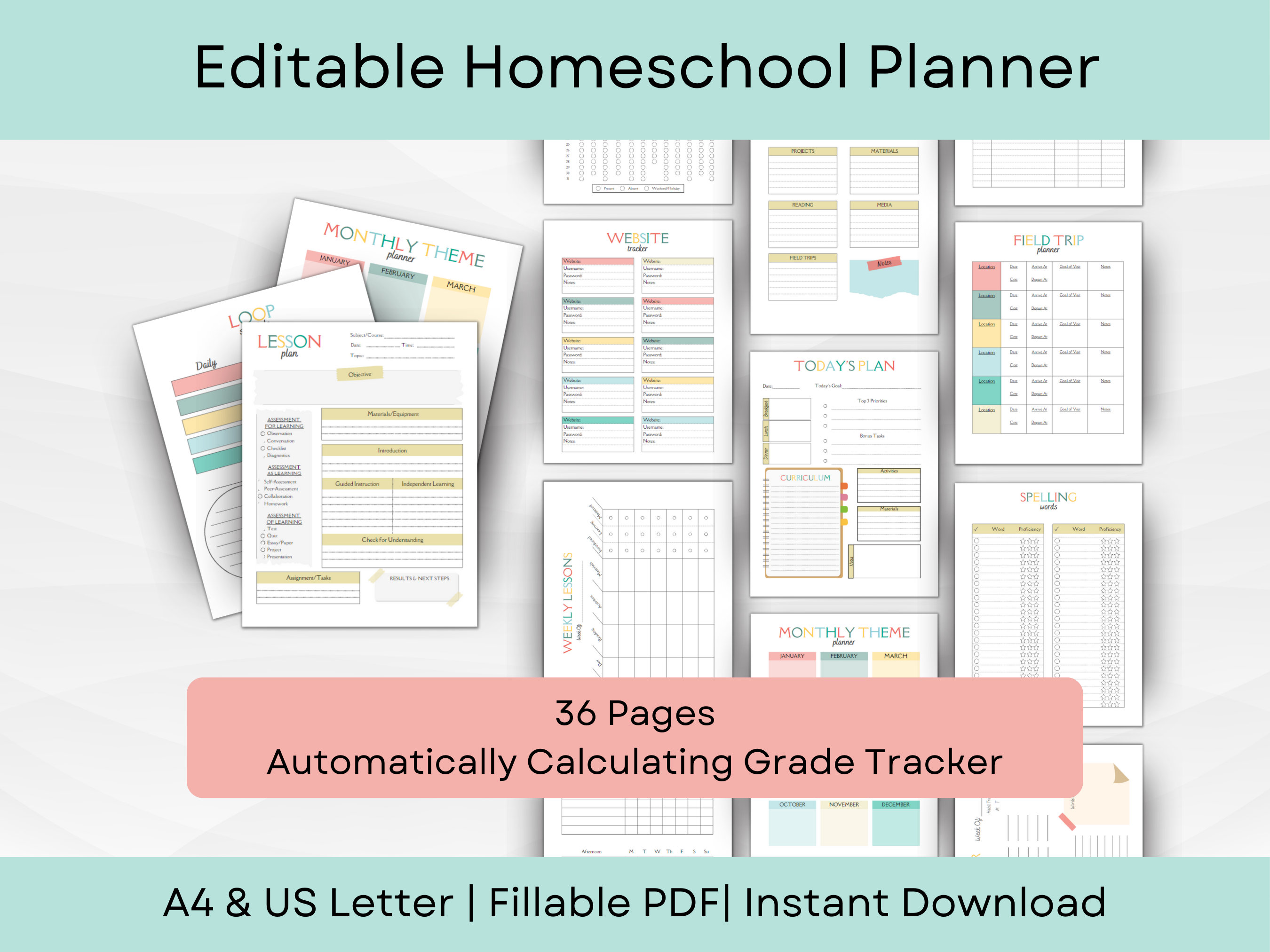 Editable Homeschool Planner With Grade Tracker | Colorful School Days ...