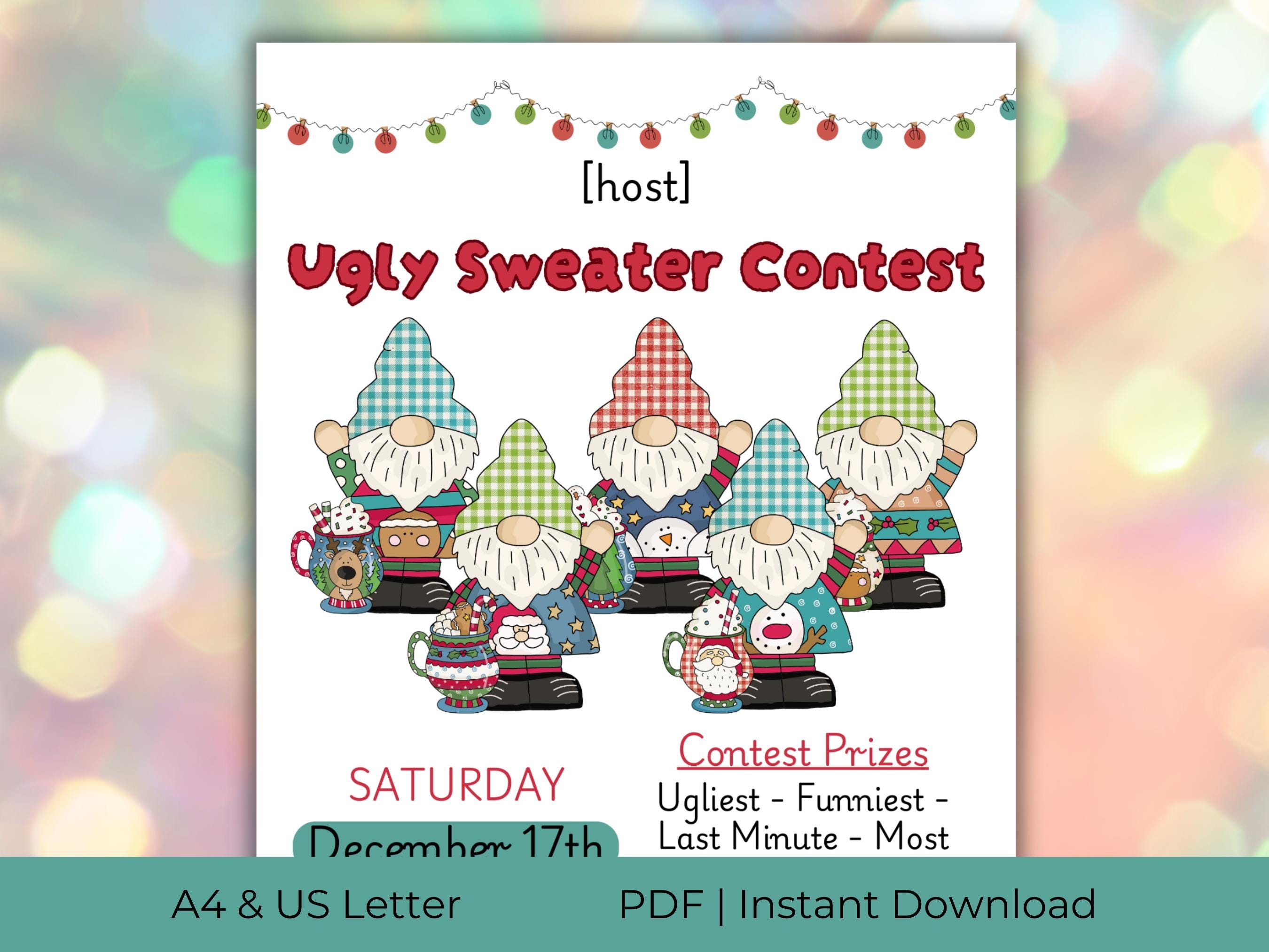 Editable Ugly Sweater Contest Flyer Template With Christmas Gnomes ...