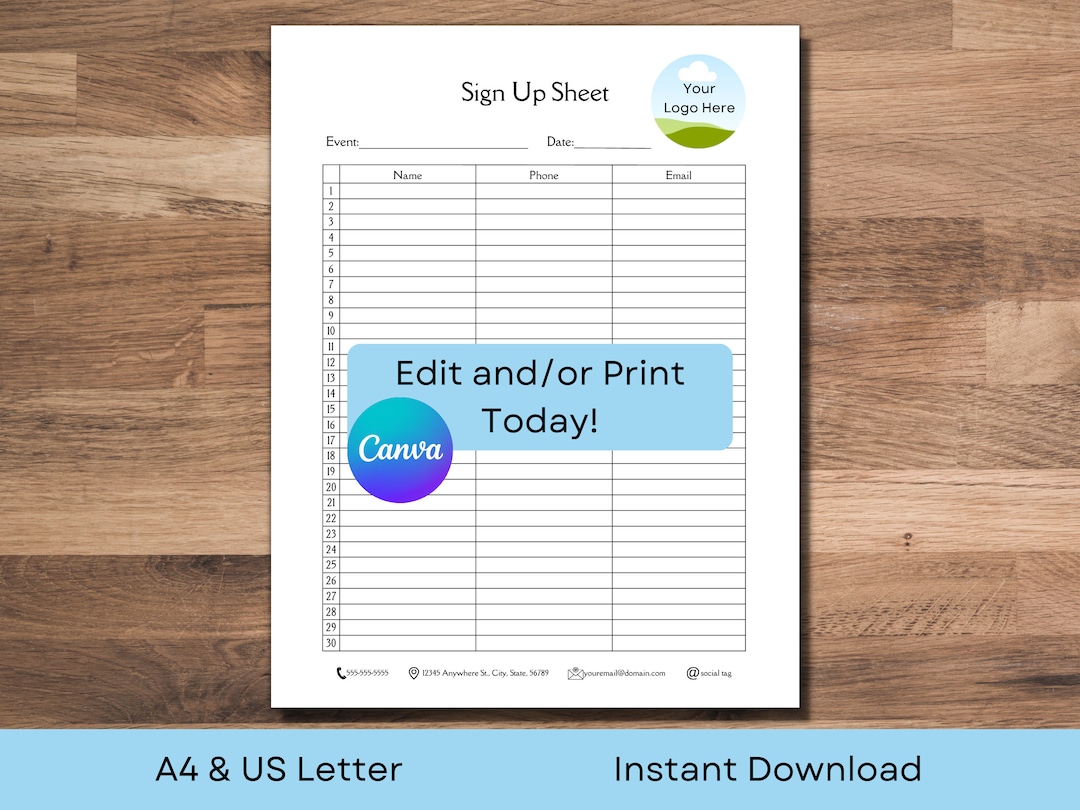 EDITABLE Sign up Sheet for Events, Volunteers | Sign in Sheet | Include ...