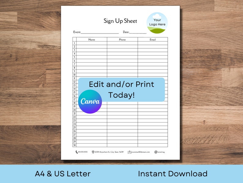 EDITABLE Sign up Sheet for Events, Volunteers | Sign in Sheet | Include ...