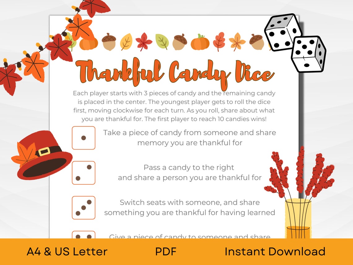 Thanksgiving Candy Dice Game for Kids and Families Friendsgiving Pass ...