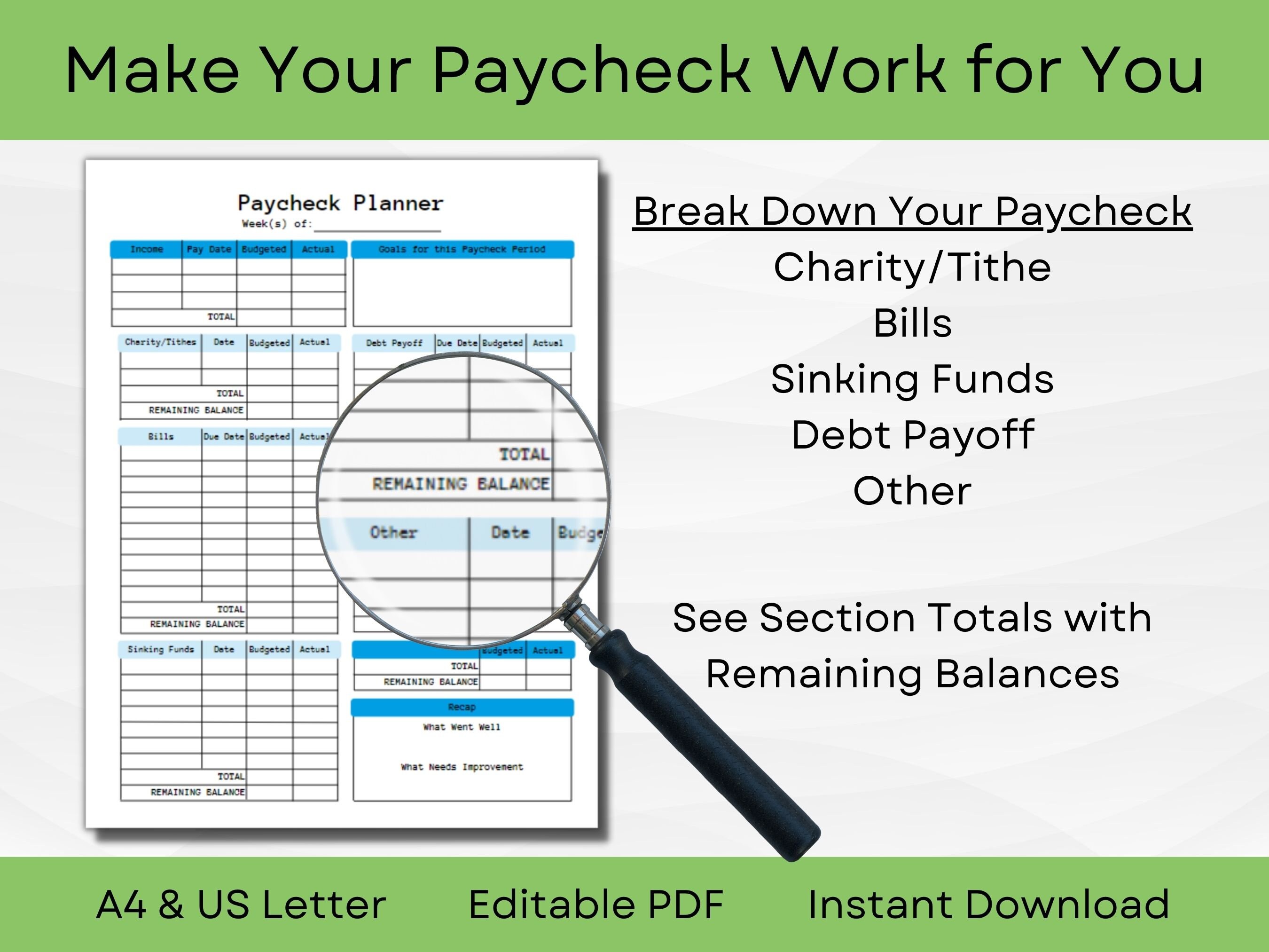 Printable Paycheck Budget | Editable With Automatic Equations in Adobe ...