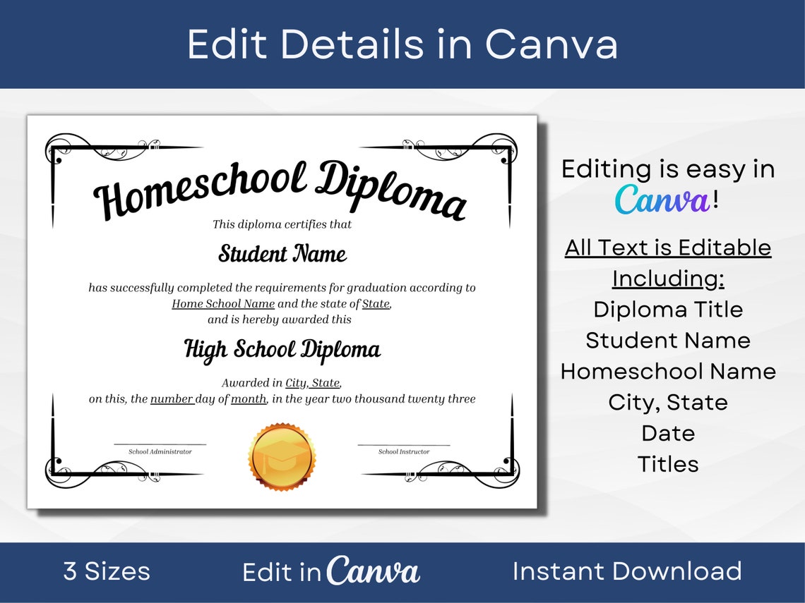 Printable Homeschool Diploma Template Editable High School Diploma ...