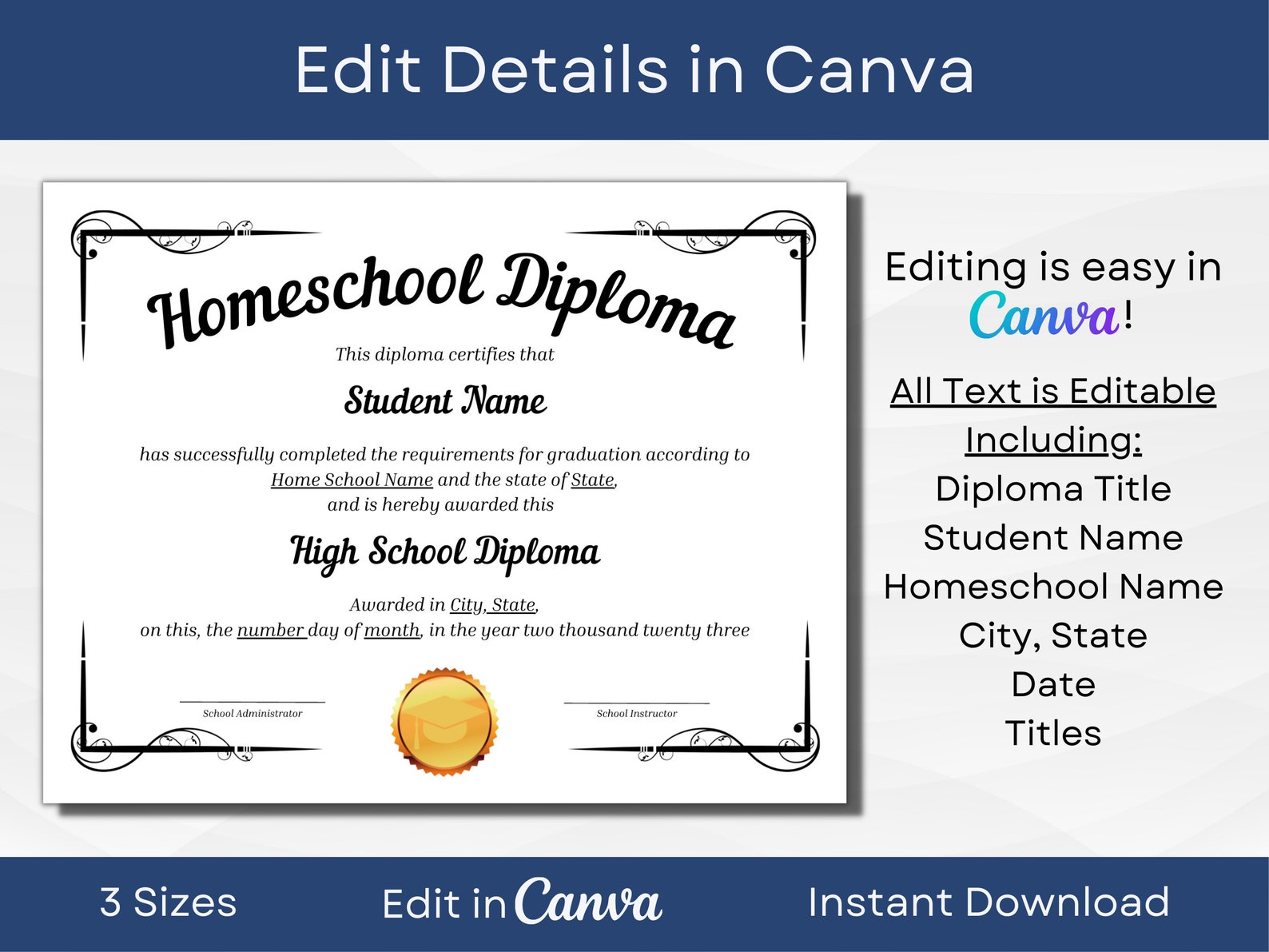 Printable Homeschool Diploma Template | Editable High School Diploma ...