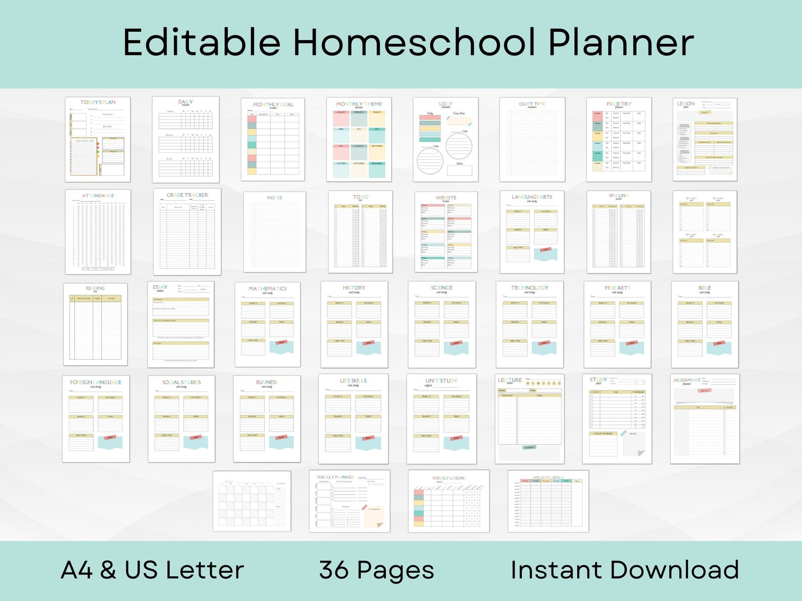 Editable Homeschool Planner With Grade Tracker Colorful - Etsy