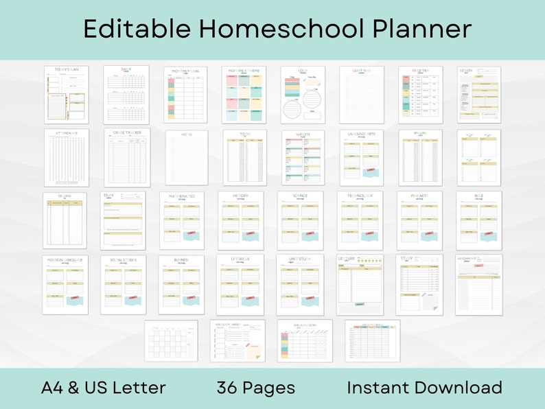 Editable Homeschool Planner With Grade Tracker Colorful School Days ...