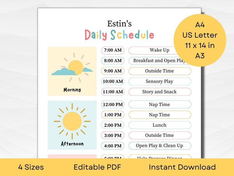 Daily Schedule Printable for Kids Nanny Schedule A3 A4 - Etsy