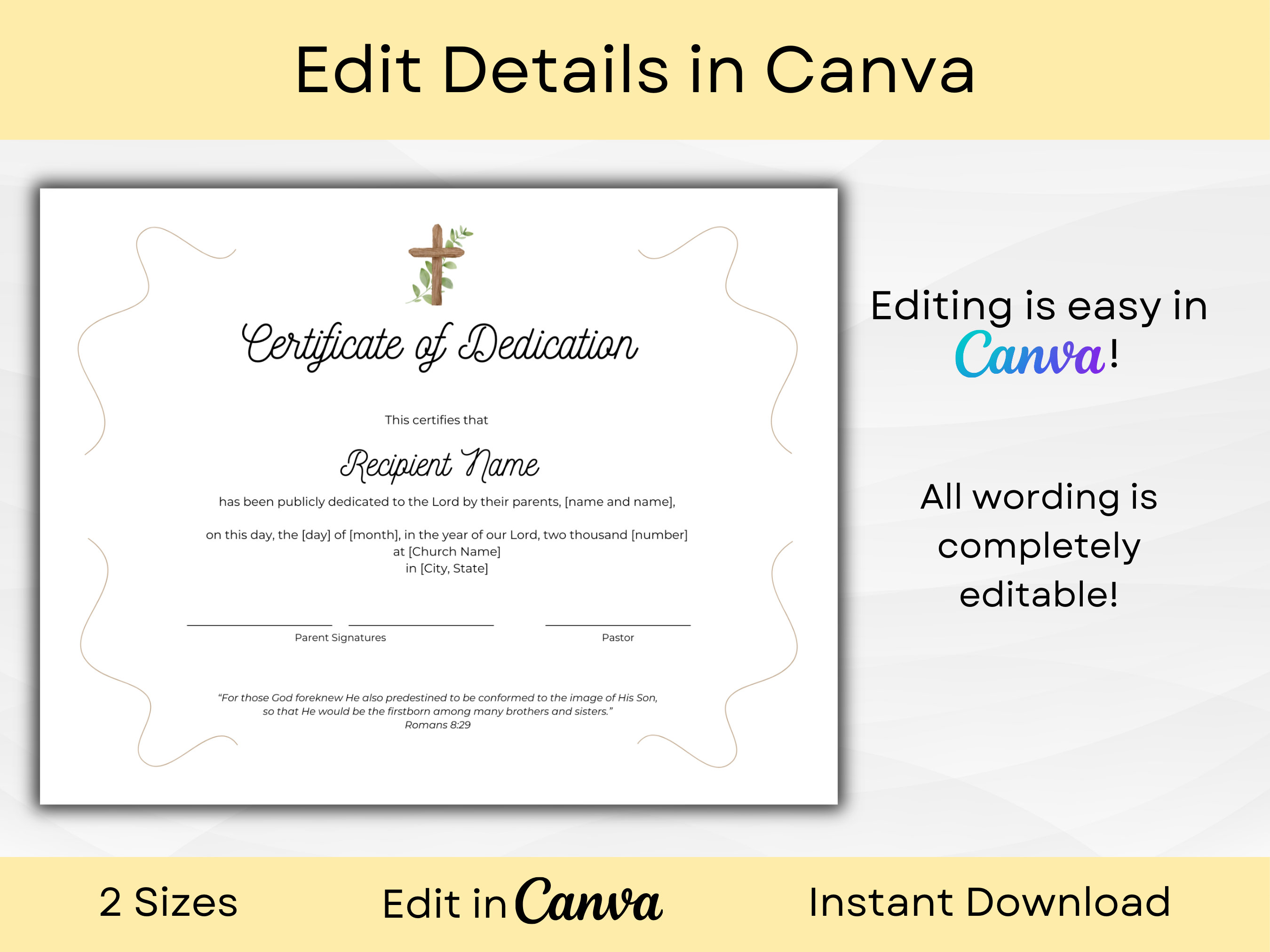 Editable Baby Dedication Certificate Template | Fully Editable Text and ...