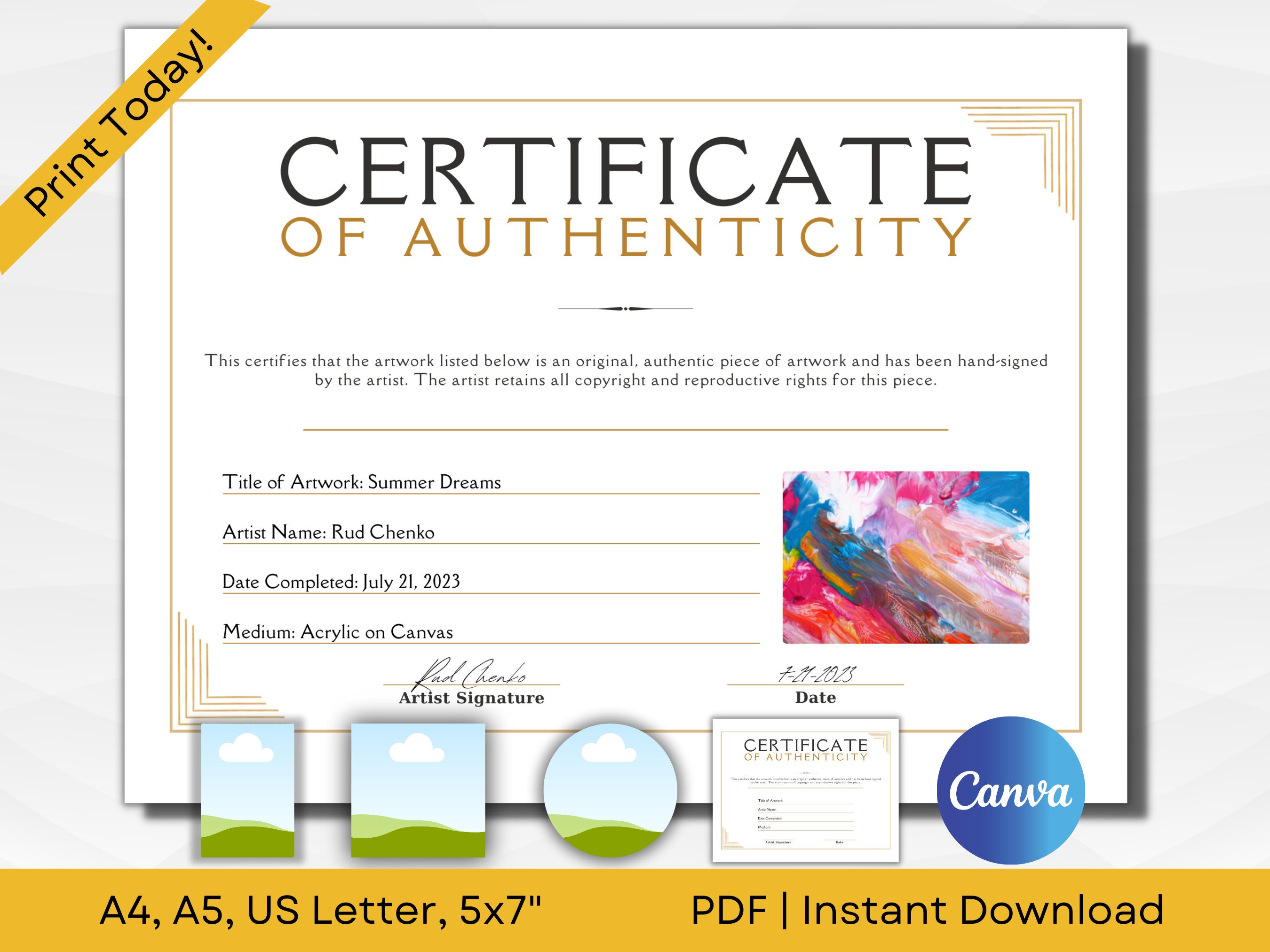 Certificate of Authenticity for Artwork Template Editable Custom ...