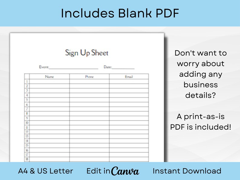 EDITABLE Sign up Sheet for Events, Volunteers Sign in Sheet Include ...