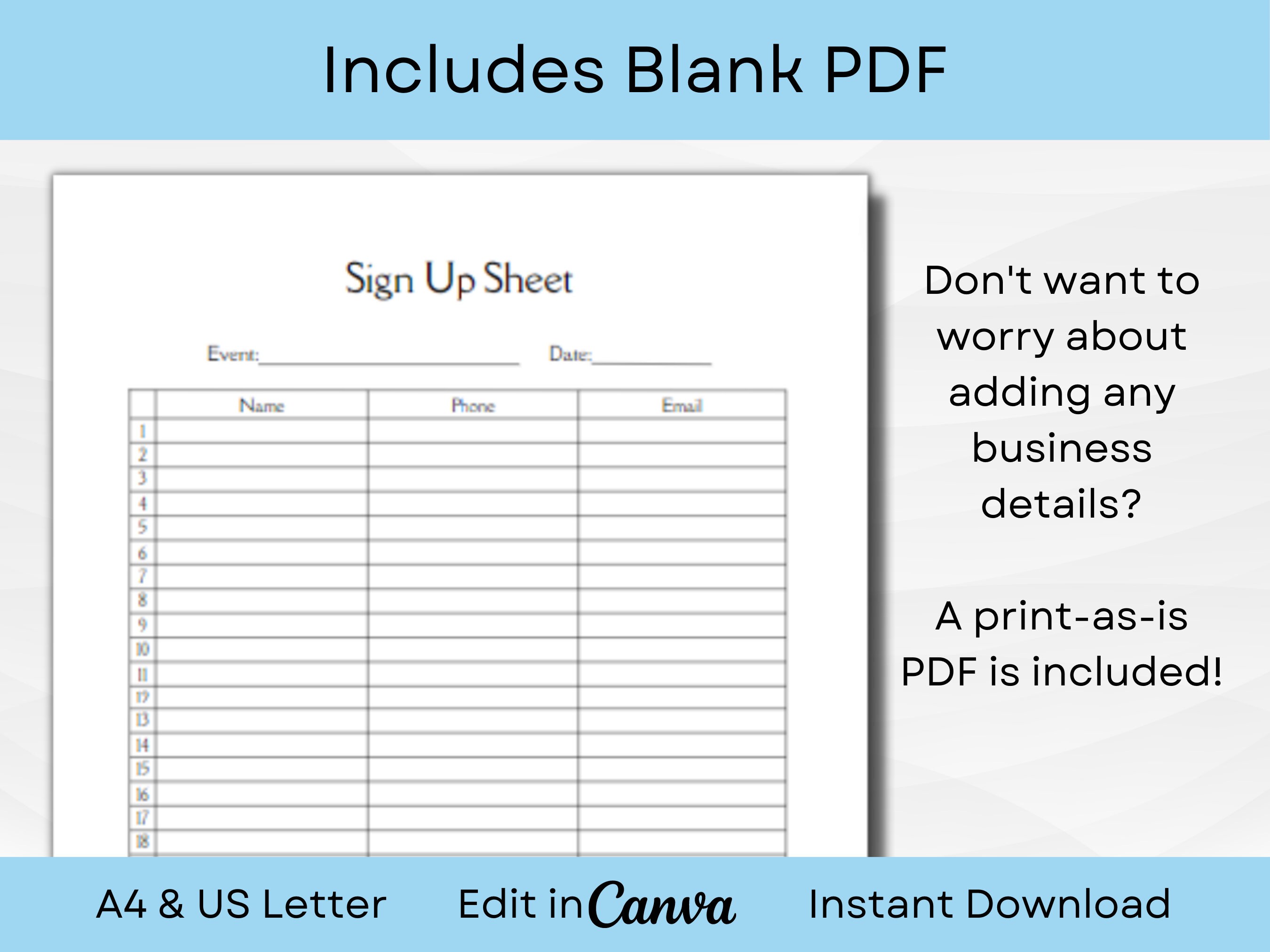 EDITABLE Sign up Sheet for Events, Volunteers | Sign in Sheet | Include ...
