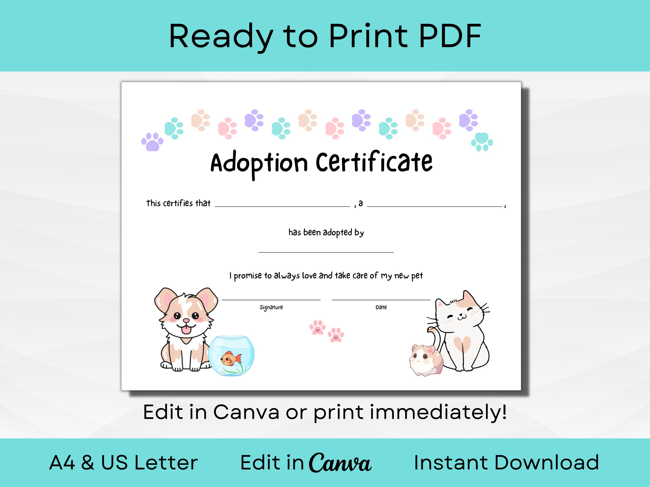 EDITABLE Pet Adoption Certificate for Adoption Pawty, Shelter, Rescue ...