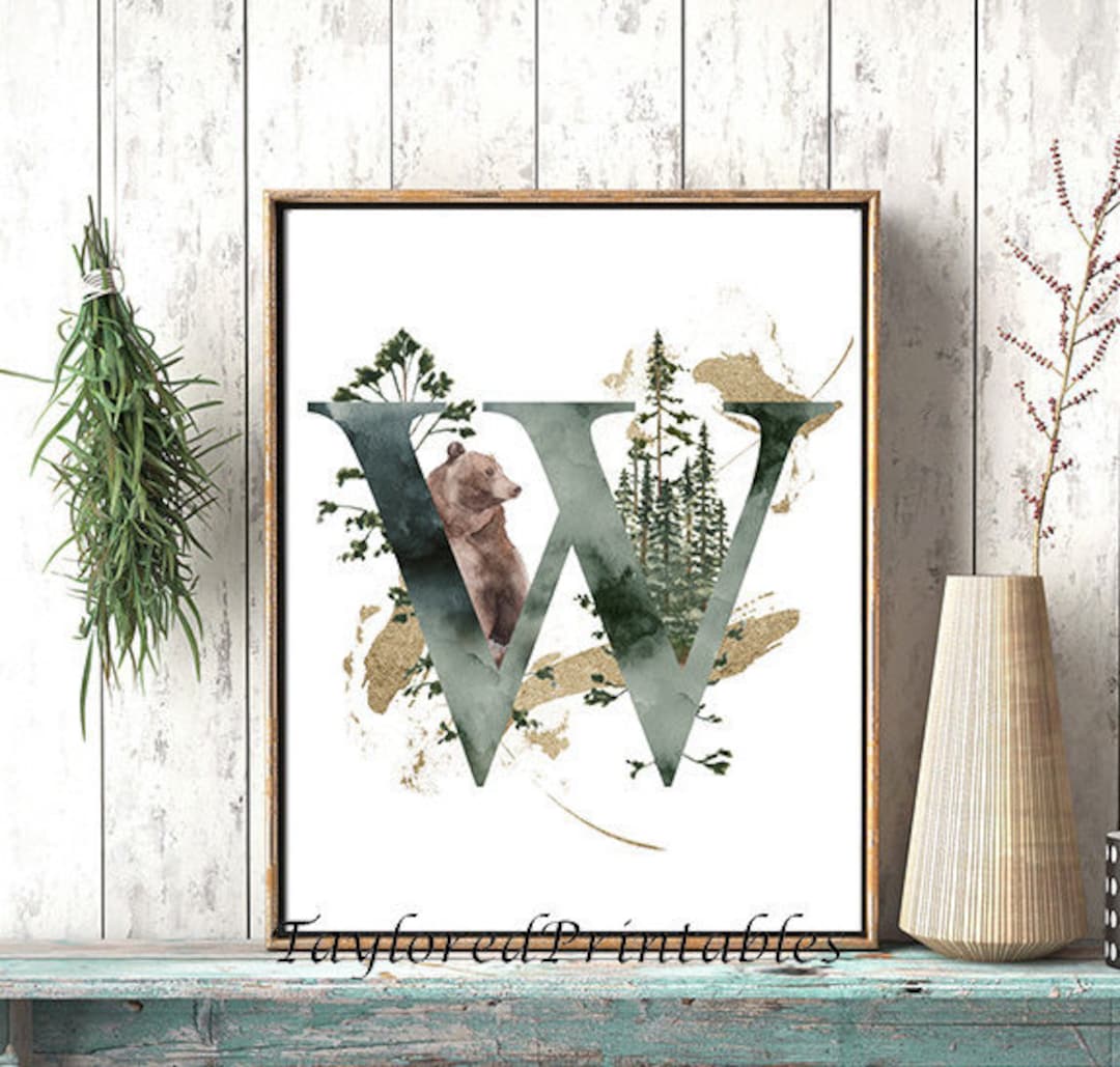 Letter W Woodland Forest Watercolor Bear Print Forest Mountain - Etsy