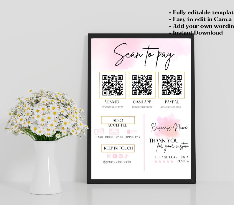 Editable QR Code Scan to Pay Template Pink & Gold Payment - Etsy