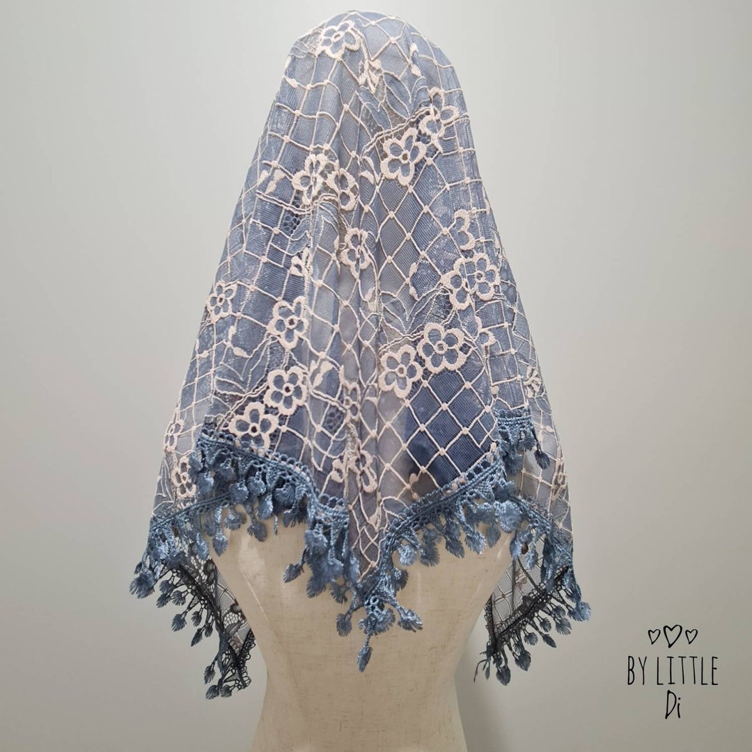READY TO SHIP Blue With Beige Flowers Traditional Mantilla Chapel Veil ...