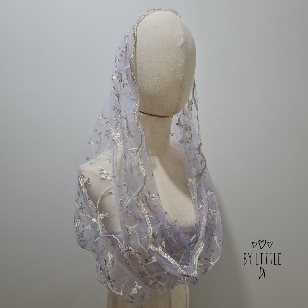 Little Flowers Infinity Veil for Catholic Mass | Lilac (w/ Snap on Comb ...