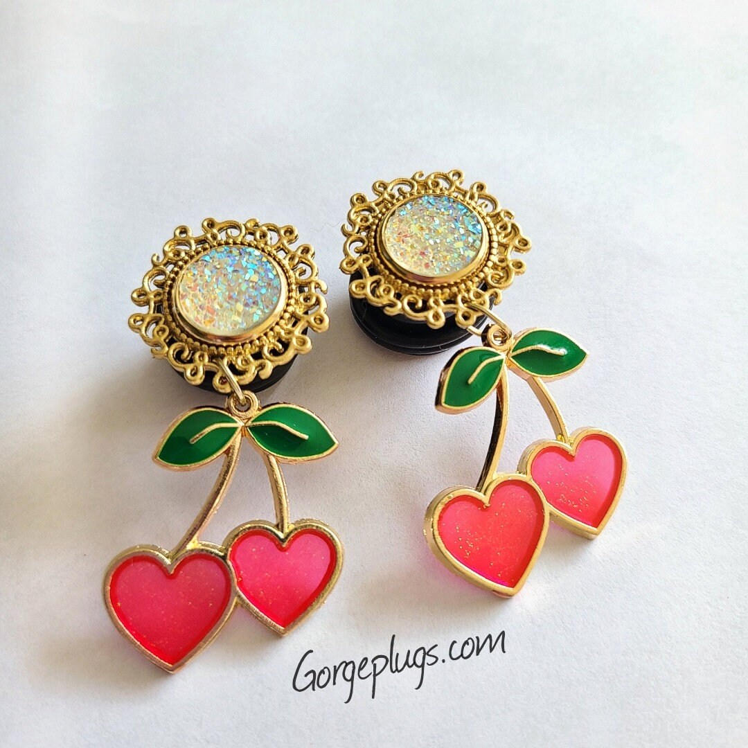 0g-1" Gold Cherry Hearts Plugs Gauges, Sold by PAIR (8mm-25mm) 00g, 7/ ...