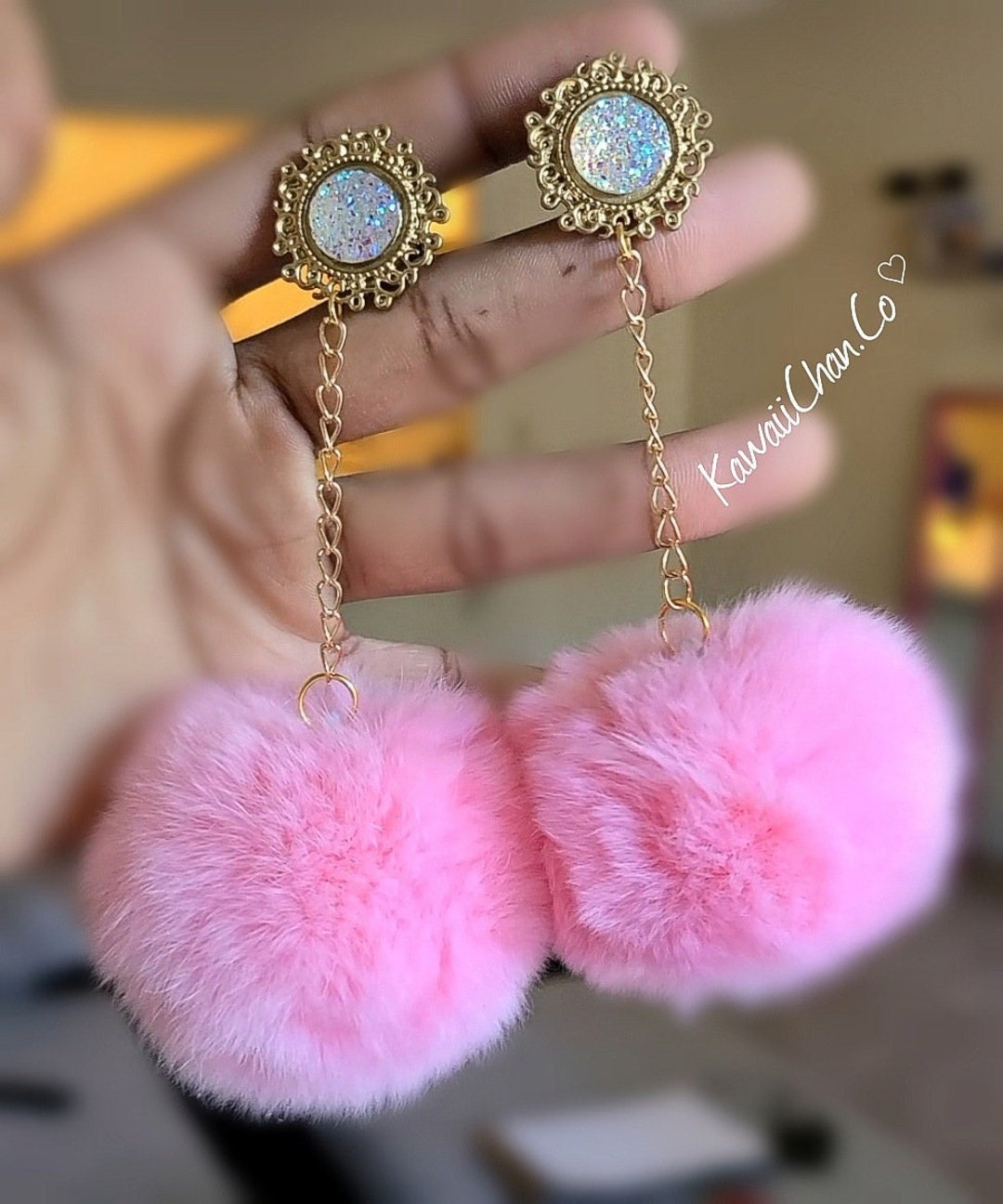 0g-1" Pink Pastel Plush Fluffy Pompom Kawaii Earrings Dangle Gauges ...
